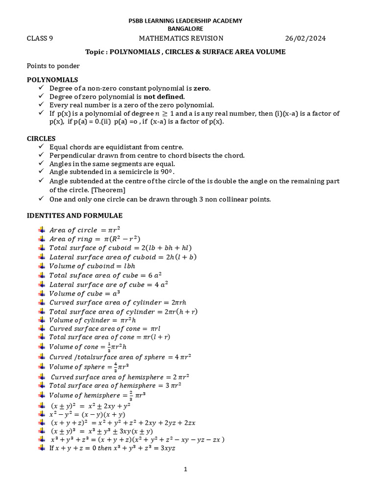 Class 9 Revision 2324 | PDF | Circle | Factorization