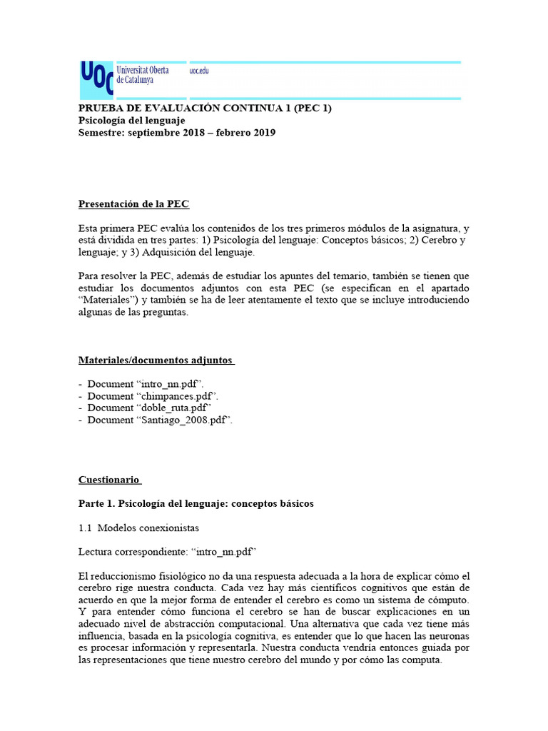 Enunciado PEC 1 Psicología del lenguaje | PDF | Sicología | Cerebro
