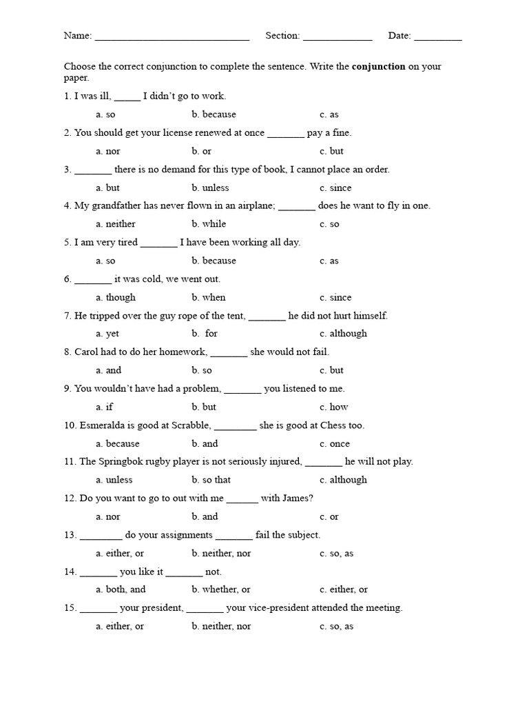 Quiz on Conjunctions | PDF