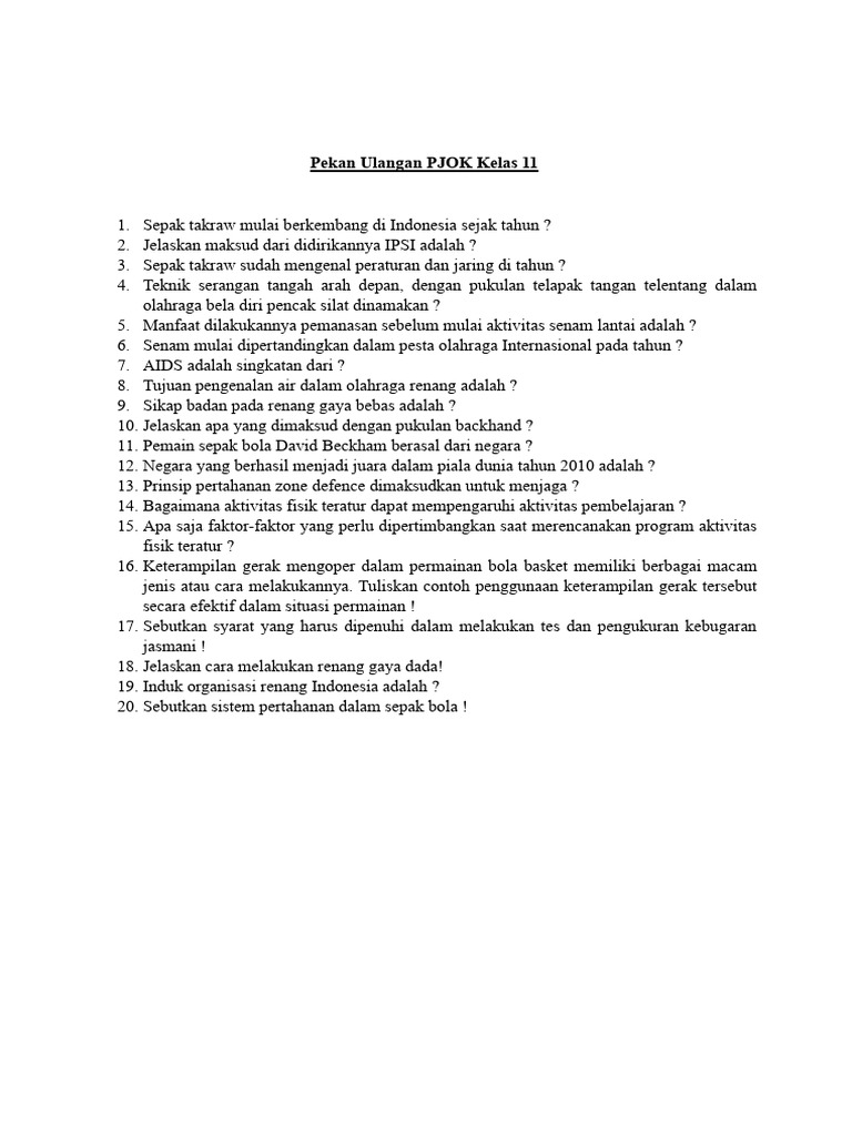 Pekan Ulangan PJOK Kelas 11 | PDF