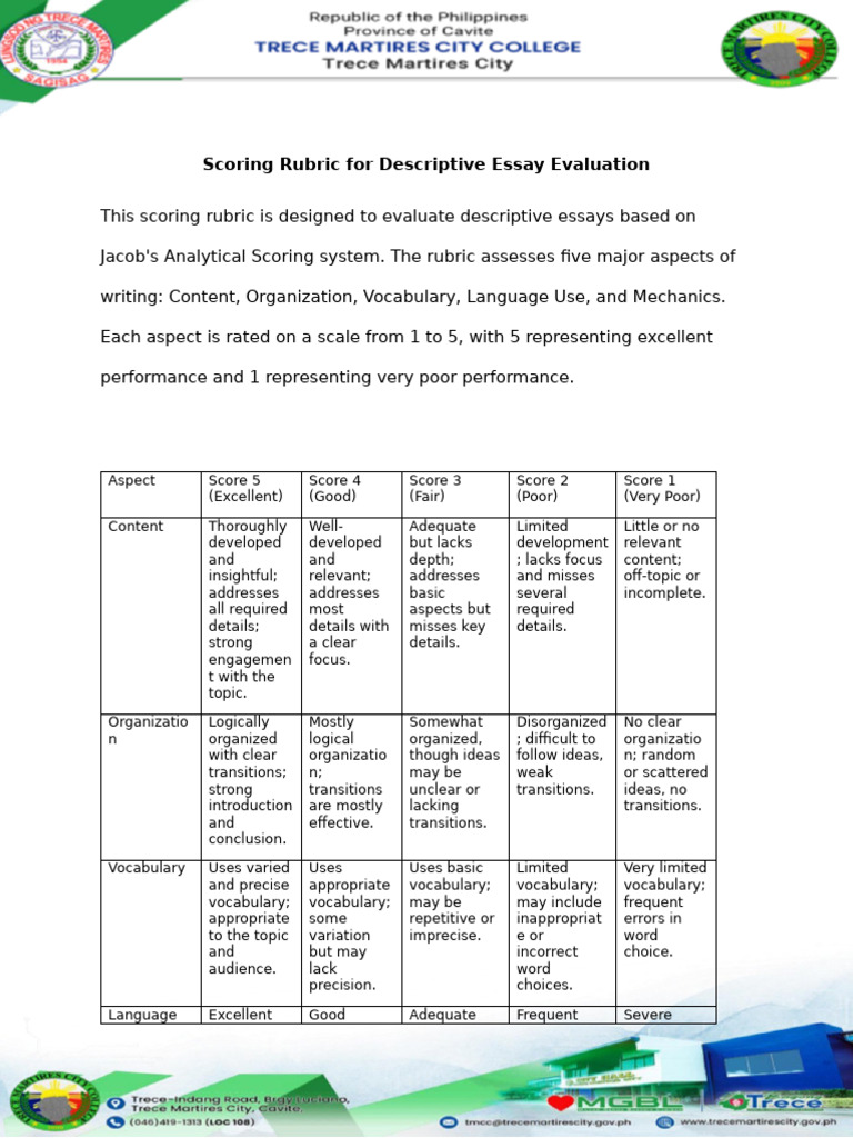 Scoring Rubric For Descriptive Essay Evaluation | PDF | Rubric ...