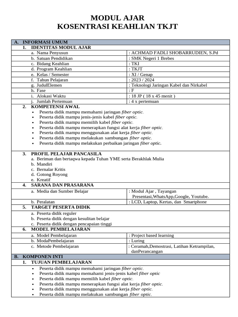 MODUL AJAR ELEMEN Teknologi Jaringan Kabel Dan Nirkabel - Fiber Optic (1) | PDF