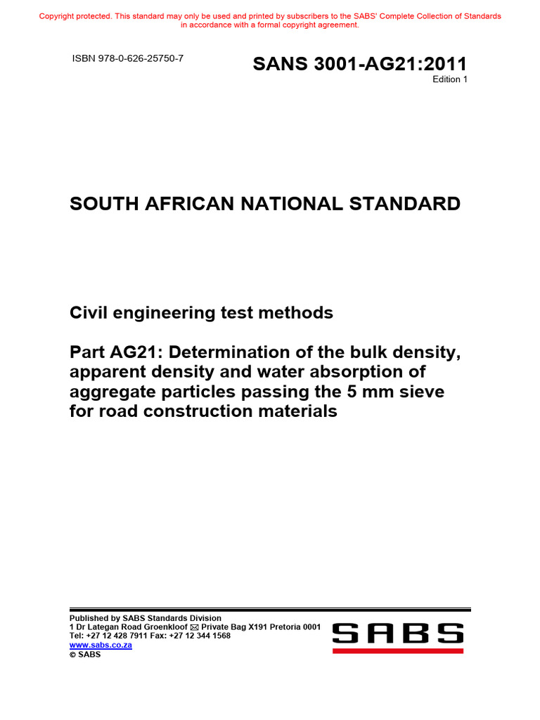 SANS3001-AG21 - Bulk and Apparent Density2 | PDF | Density | Water