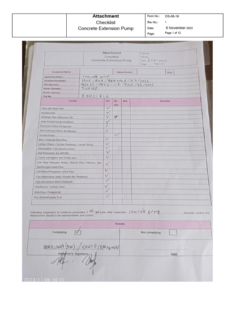 Concrete Pump Inspection Form (1) | PDF