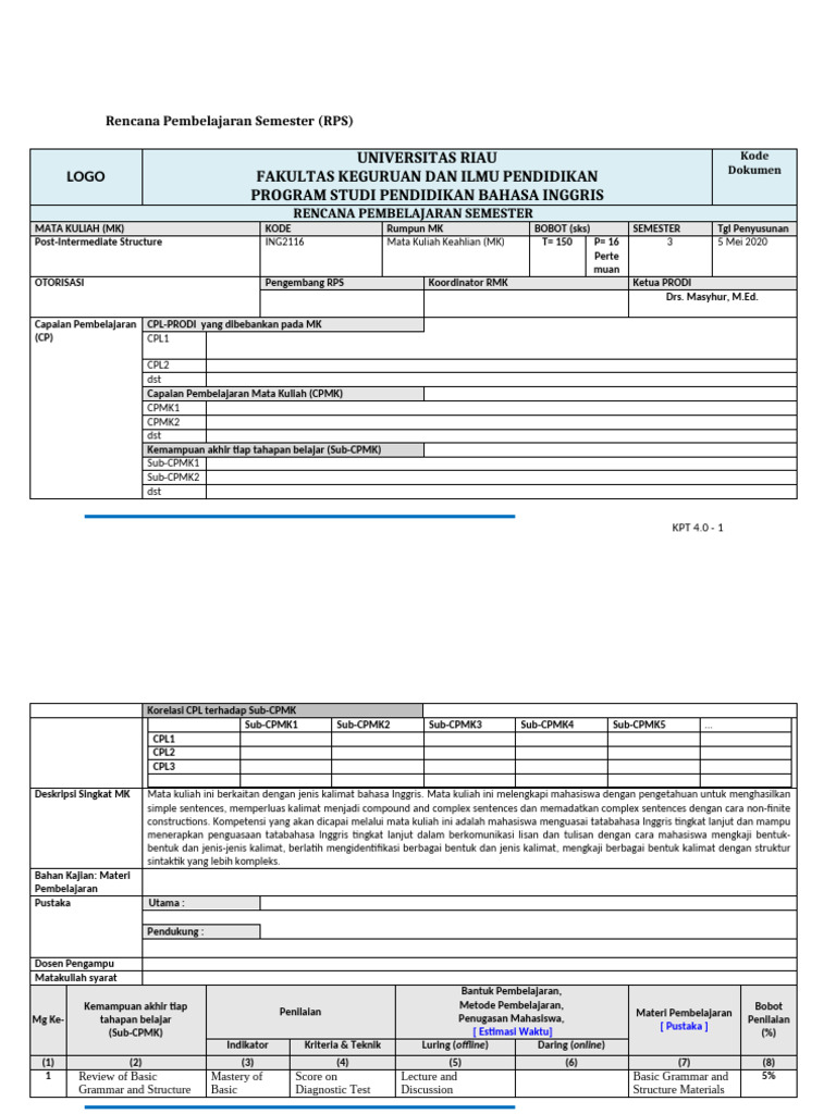 RPS Mata Kuliah Post-Intermediate | PDF