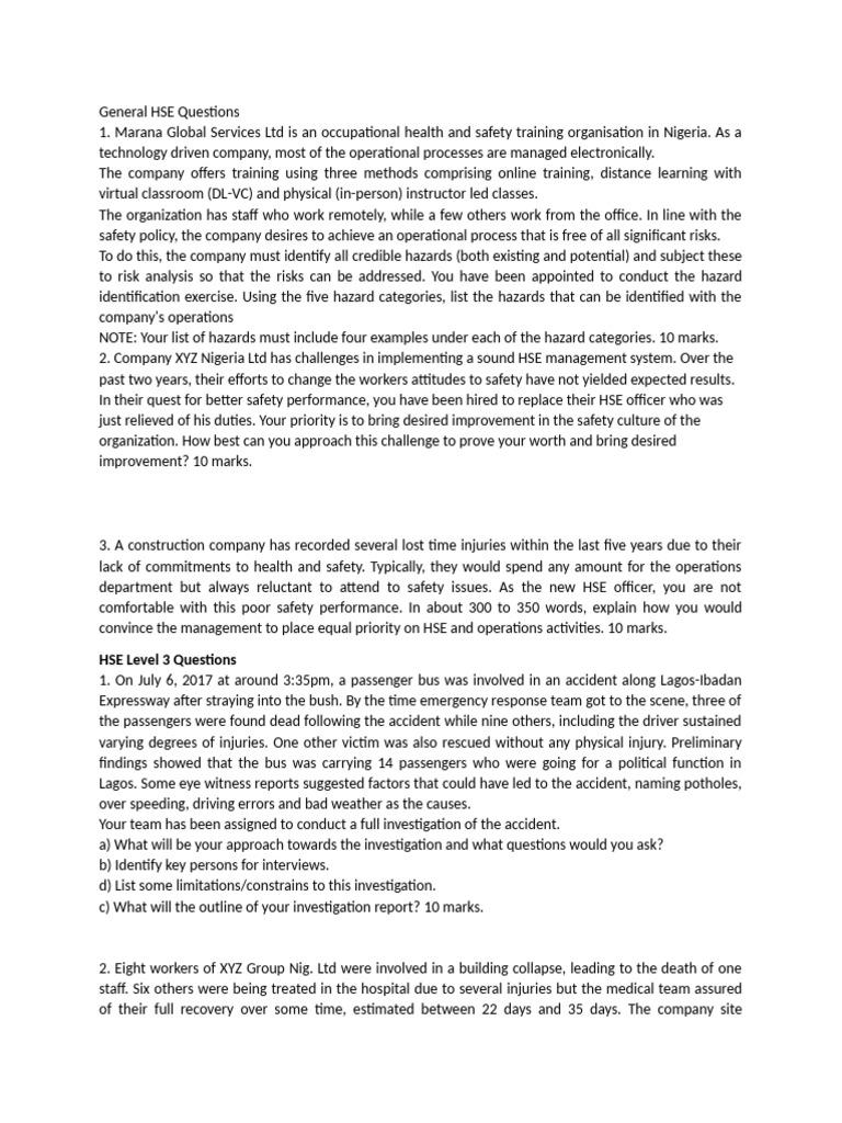 General HSE and HSE 3 Questions | PDF | Traffic Collision ...