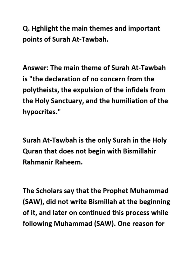 Themes of Surah At-Tawbah Explained | PDF | Muhammad | Surah