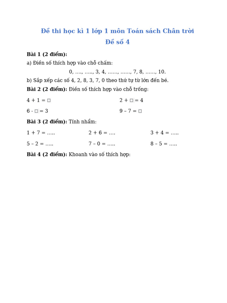 De Thi Hoc Ki 1 Lop 1 Mon Toan Sach Chan Troi Sang Tao de 4 | PDF