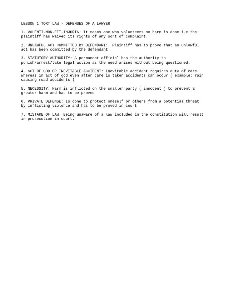 Lesson 1 Tort Law - Defenses of A Lawyer | PDF