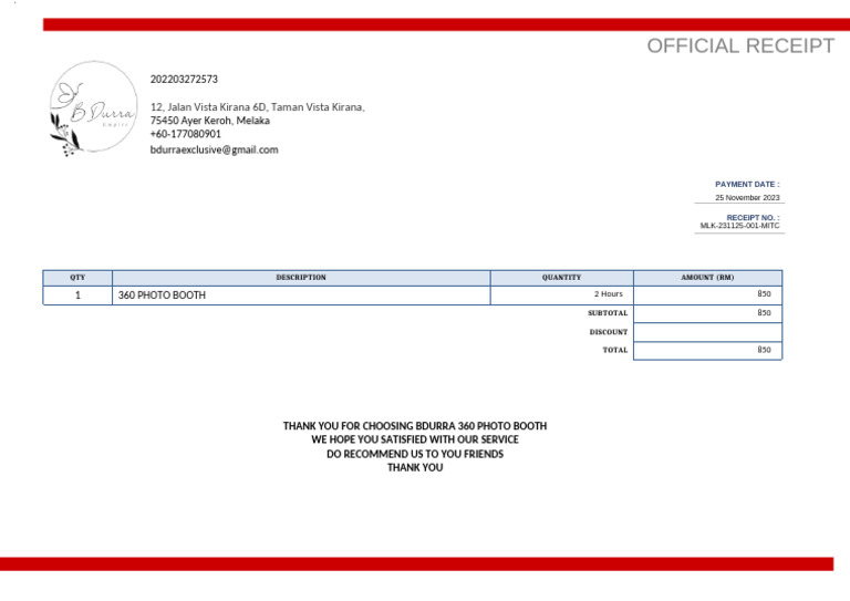 360 Photo Booth Official Receipt | PDF