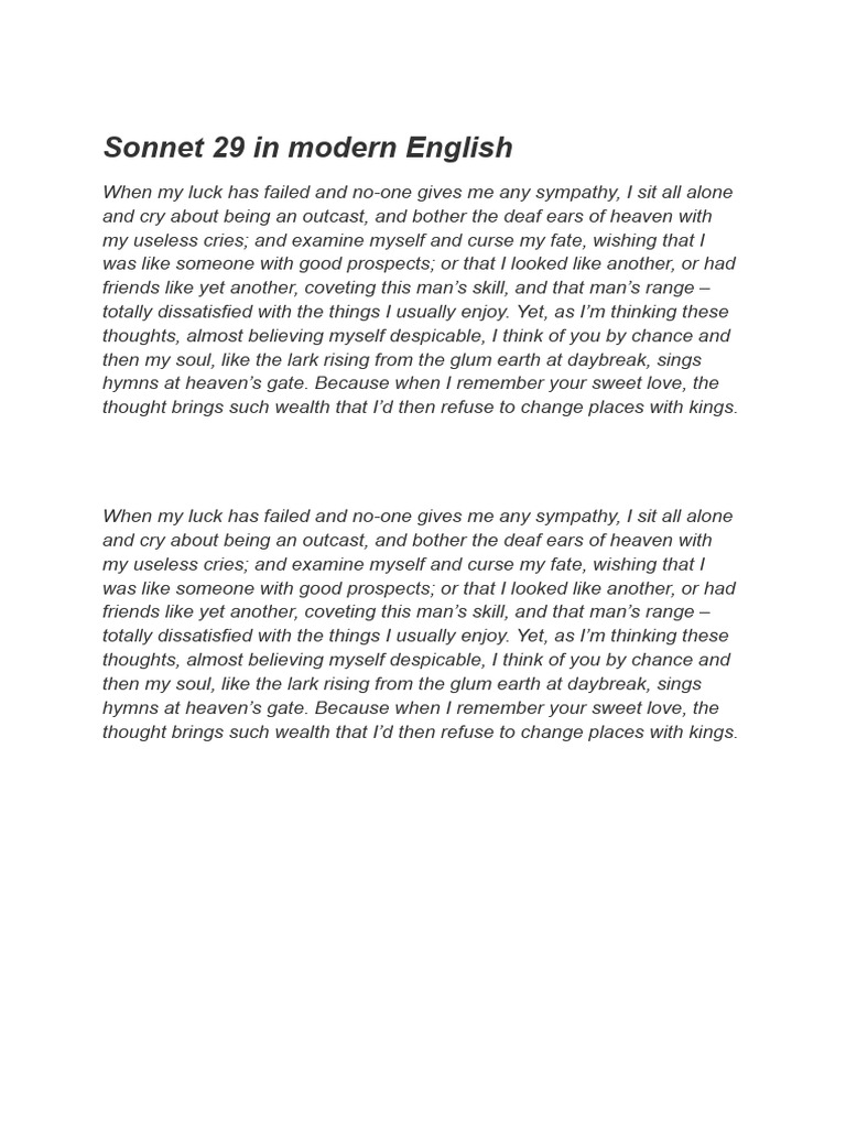 Modern English Sonnet 29 Summary | PDF
