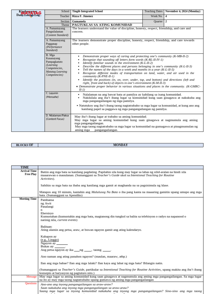 Kindergarten DLL MATATAG Q2 Week 4 Day 1 nOVEMber 4 2024 mONday | PDF