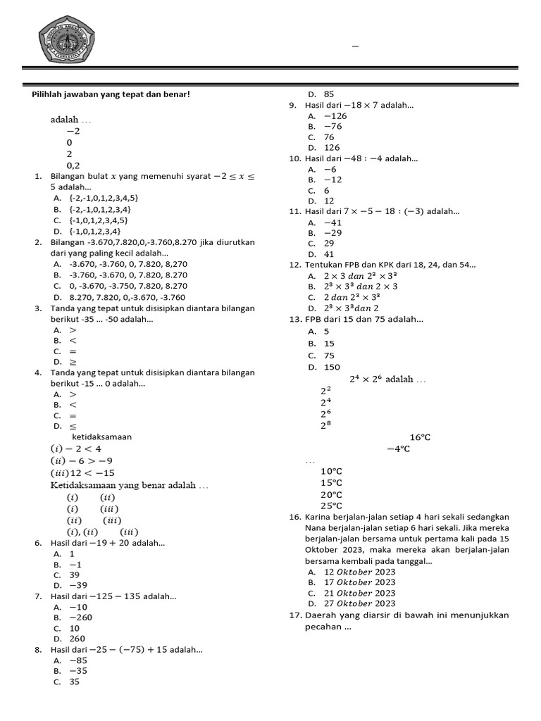 Soal PTS Matematika Kelas 7 | PDF