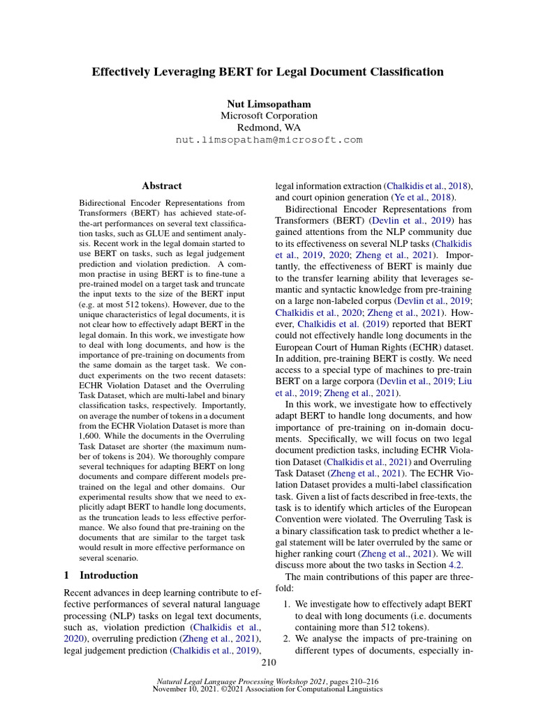 Effectively Leveraging BERT For Legal Document Classification | PDF | Computational Neuroscience ...