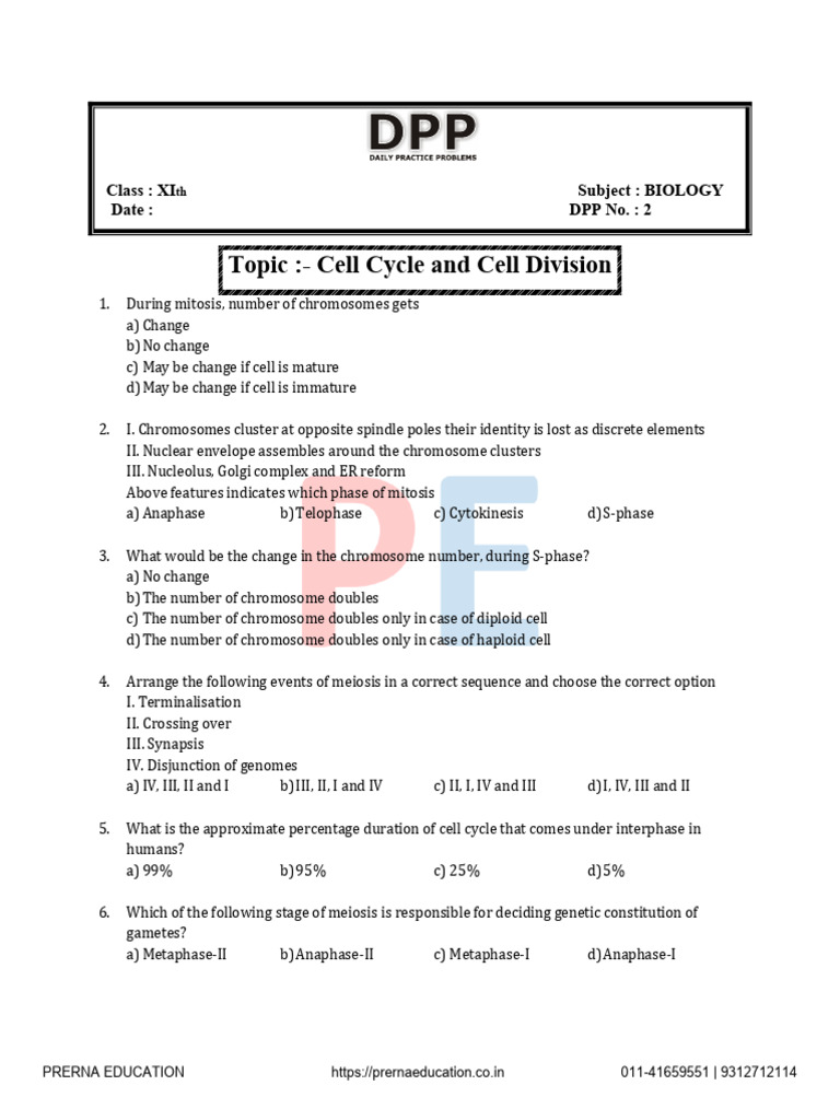 Cell Cycle and Cell Division DPP 2 | PDF | Meiosis | Mitosis