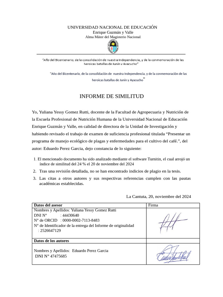 INFORME DE SIMILITUD Unidad de Investigación Eduardo Perez Garcia | PDF