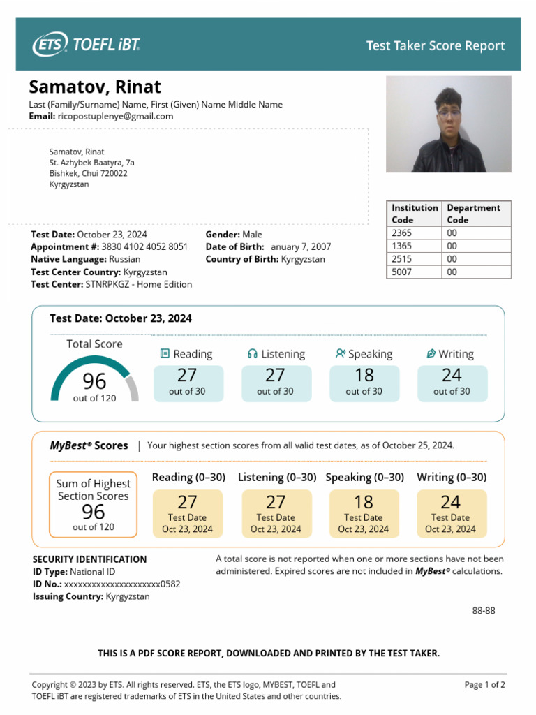 TOEFL_Score_Report_0528051 | PDF | Test Of English As A Foreign ...