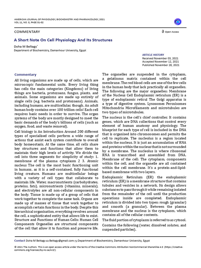 A Short Note On Cell Physiology and Its Structures | PDF | Cell ...