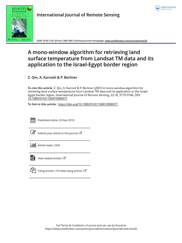 A Mono-window Algorithm for Retrieving Land Surface Temperature From Landsat TM Data and Its ...