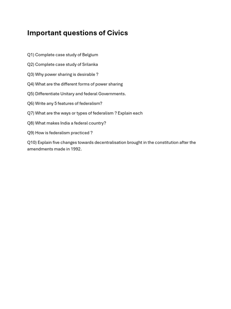 Class 10th Civics Questions | PDF