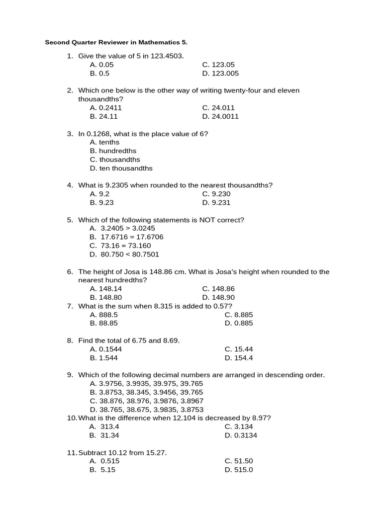 Reviewer in Mathematics 5 2nd Quarter | PDF | Mathematics