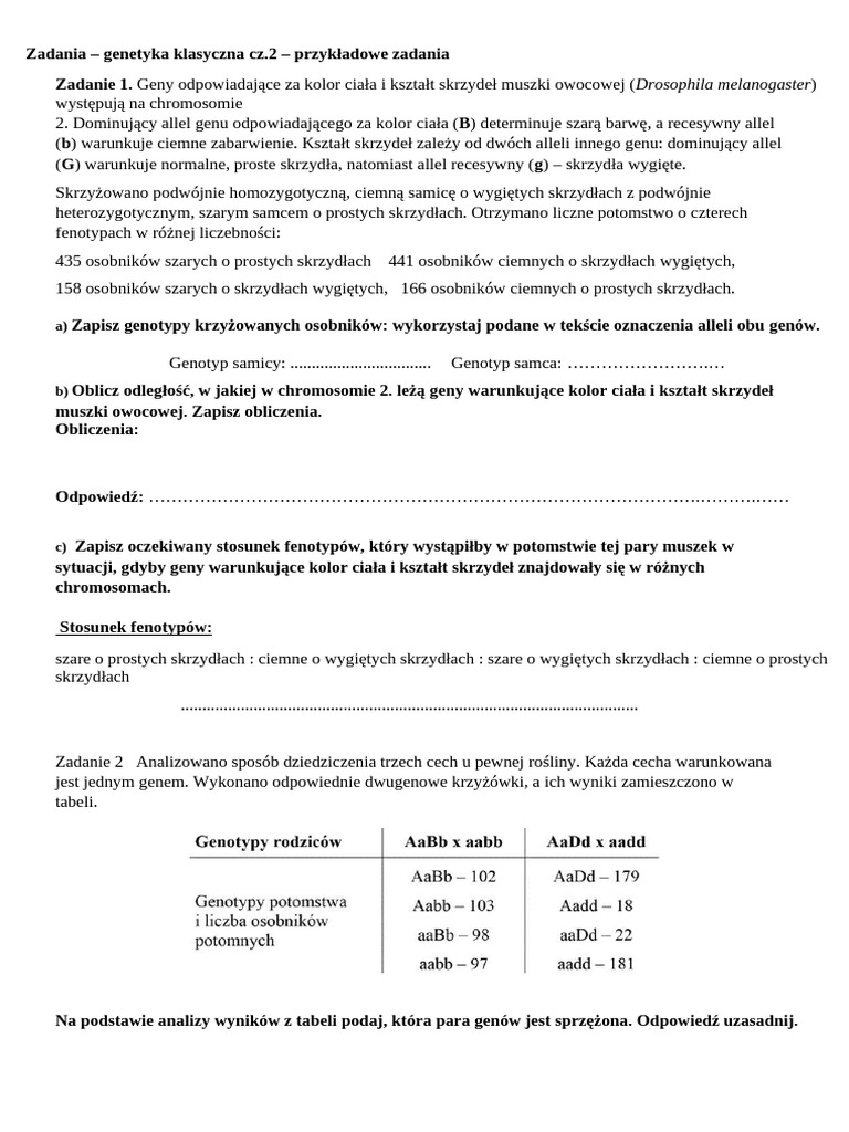 Zadania - Genetyka Klasyczna - Przykładowe Zadania Cz.2 | PDF