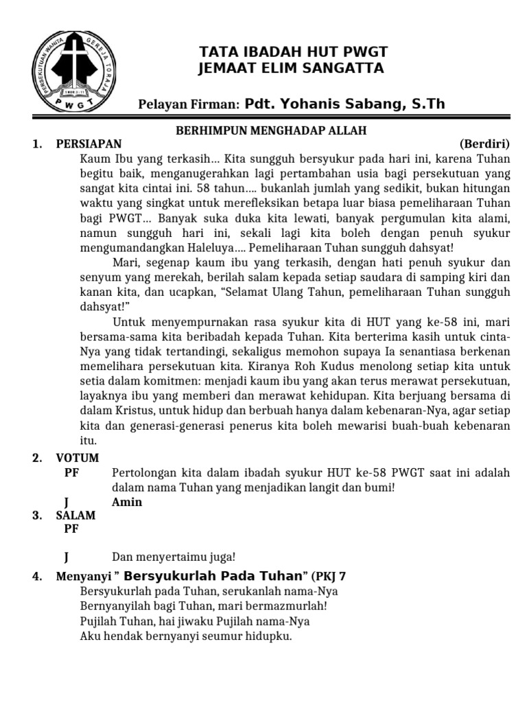 Tata Ibadah Hut PWGT 2024 | PDF