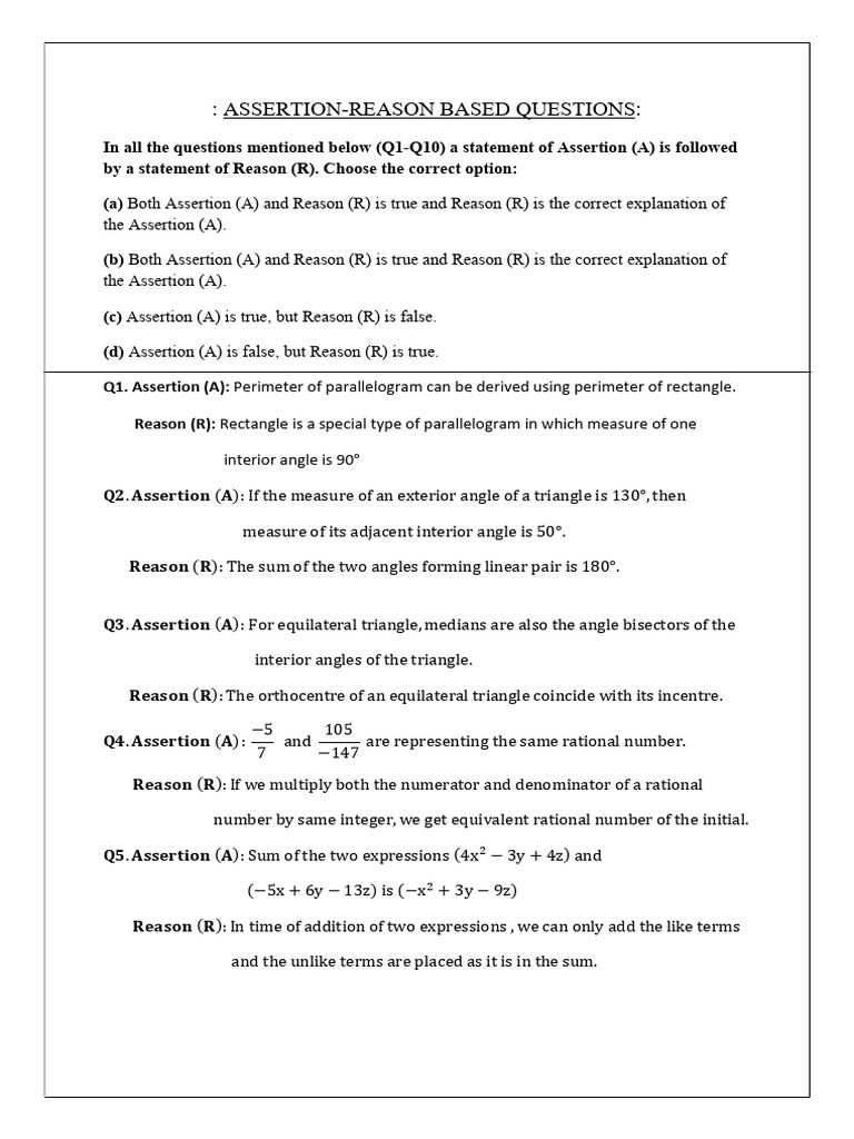 Assertion-Reason Based Questions Worksheet | PDF | Triangle | Euclidean Geometry