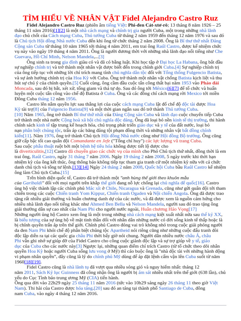TÌM HIỂU VỀ NHÂN VẬT Fidel Alejandro Castro Ruz | PDF