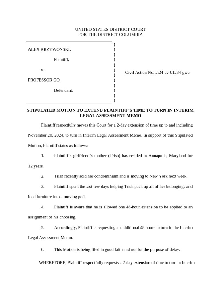 Stipulated Motion To Extend Plaintiff's Time To Turn in Interim Legal ...
