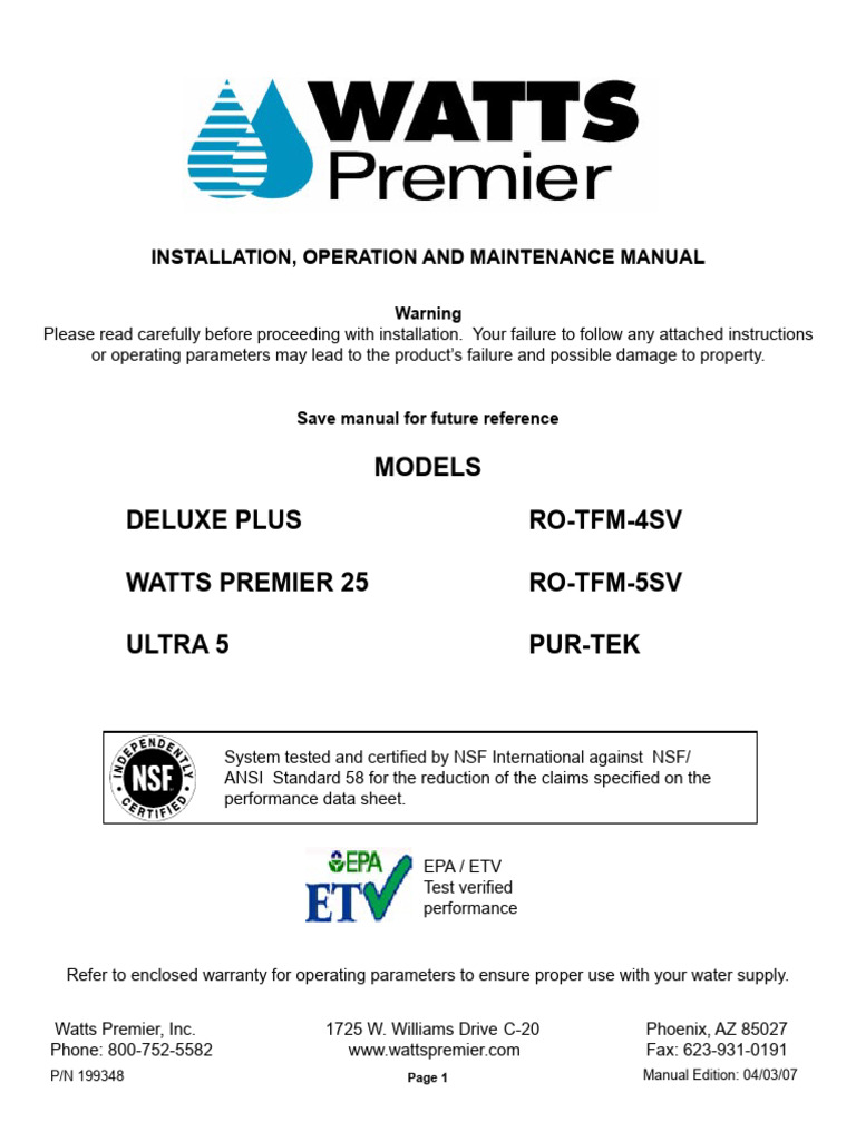 Watts reverse osmosis Water Filter manual | PDF | Membrane | Water ...