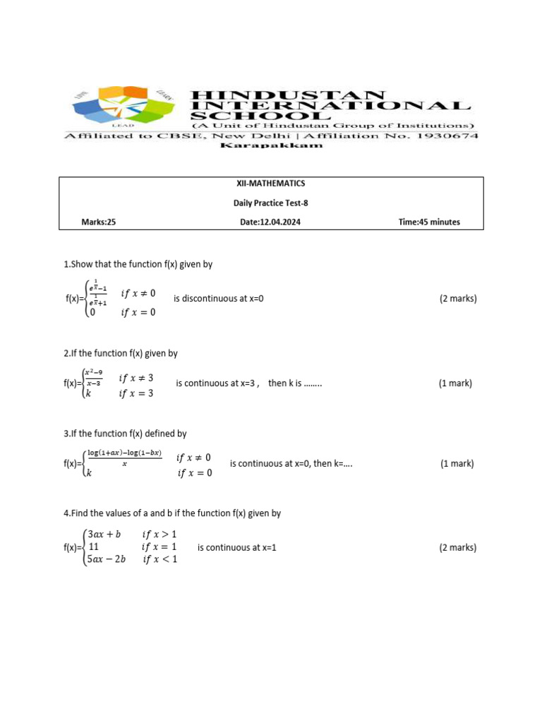 Mathematics Continuity Practice Test | PDF