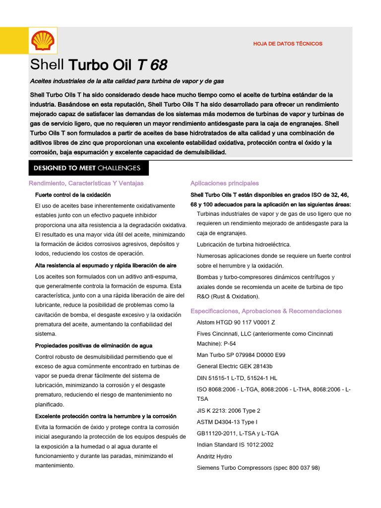 Shell Turbo Oil T 68: Datos Técnicos | PDF | Turbocompresor | Engranaje