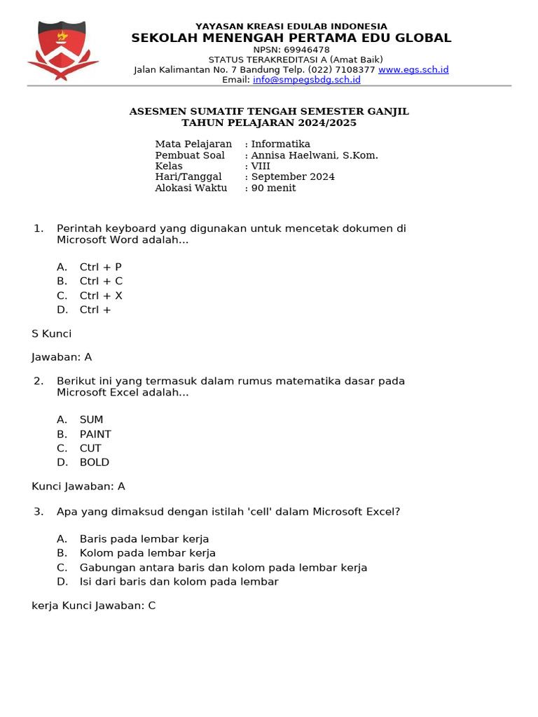 Naskah Soal Asts Kelas 8 Ganjil 2024 - Informatika Viii | PDF