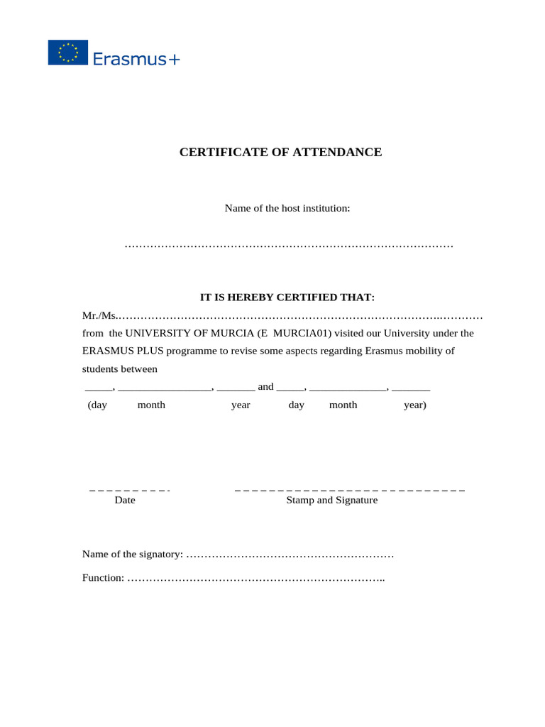 Erasmus Plus Attendance Certificate | PDF