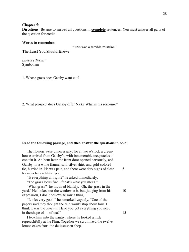 ch.5 Gatsby Questions | PDF | The Great Gatsby