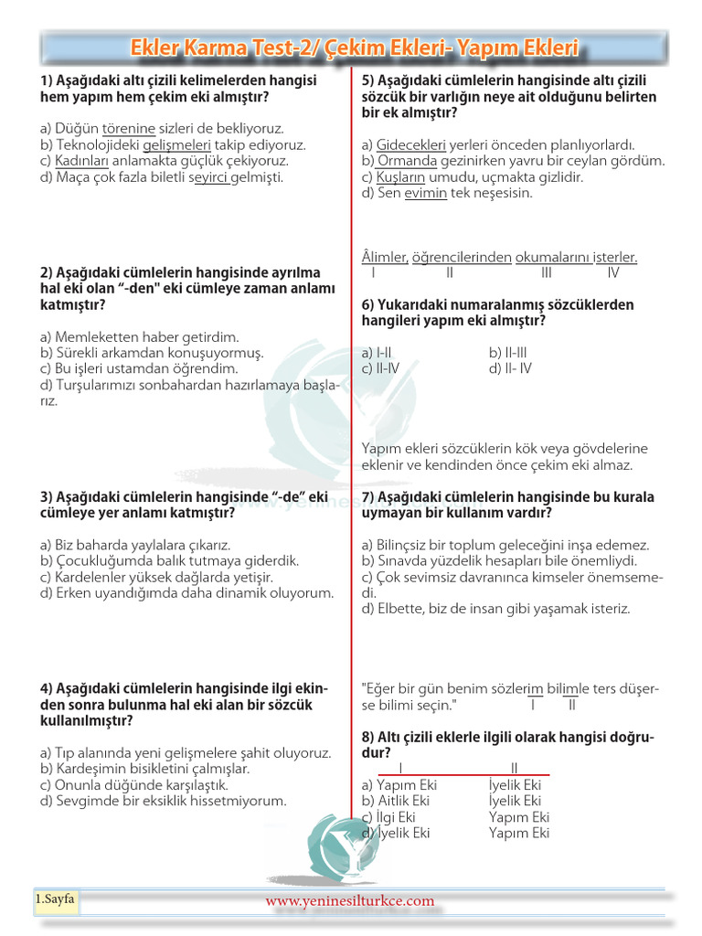 Ekler Karma Test Cekim Ekleri Yapim Ekleri 2 | PDF