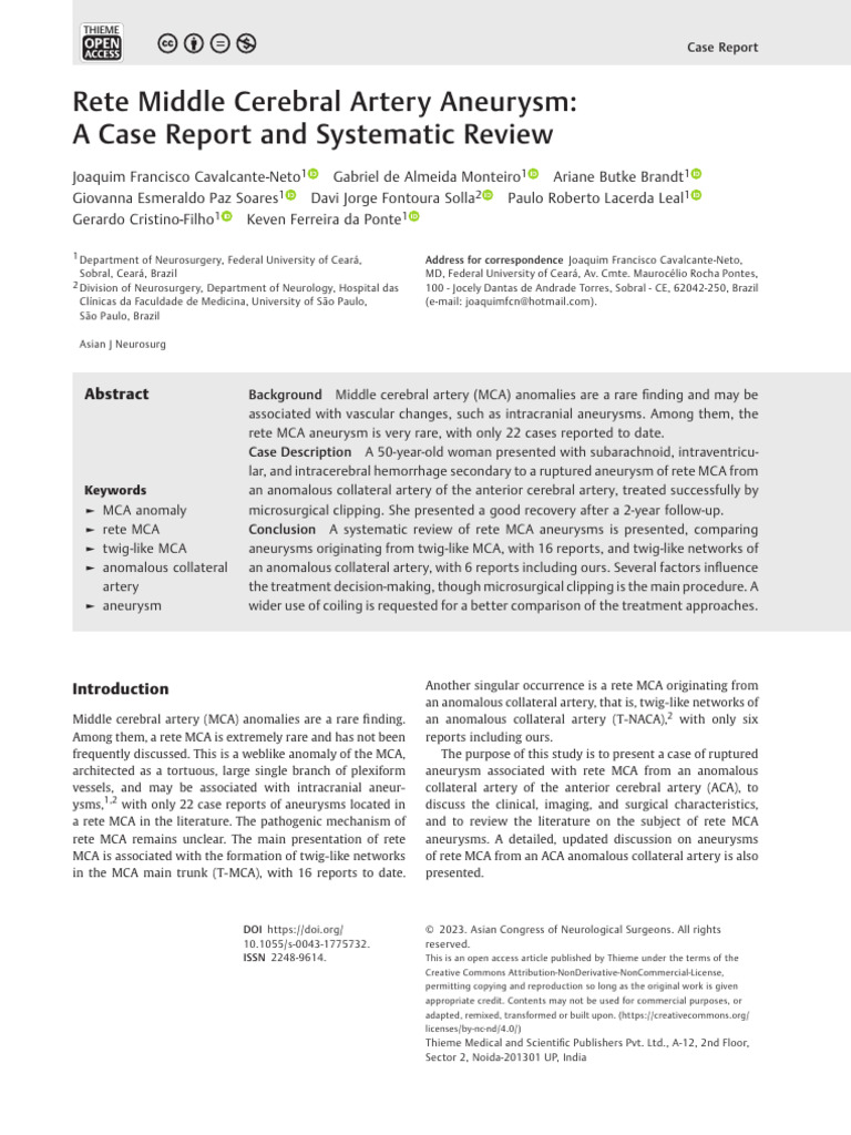Rete Middle Cerebral Artery Aneurysm A Case Report | PDF | Vascular ...