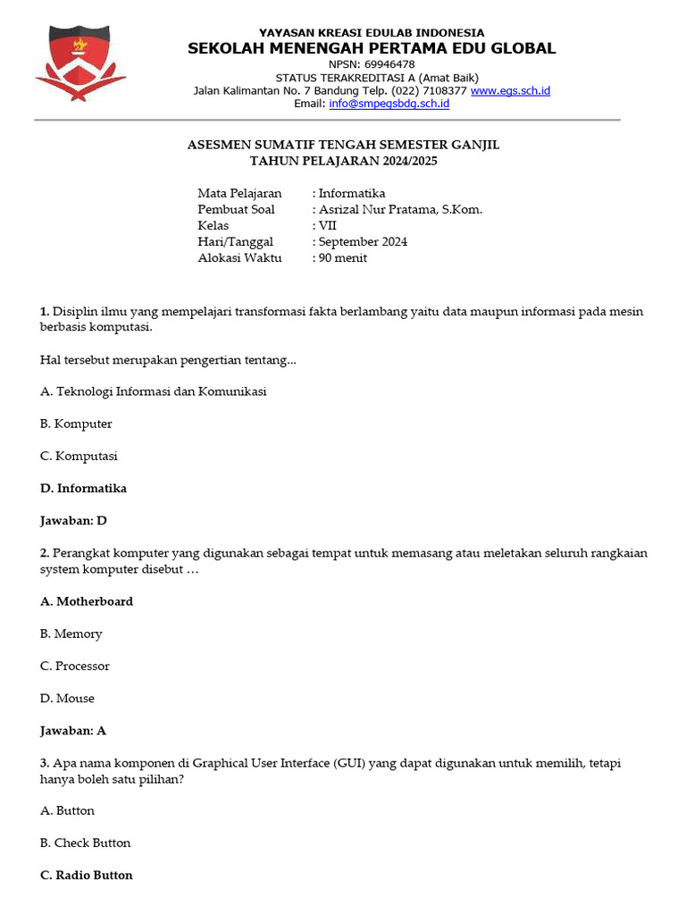 Naskah Soal Asts Kelas 7 Ganjil 2024-Informatika | PDF