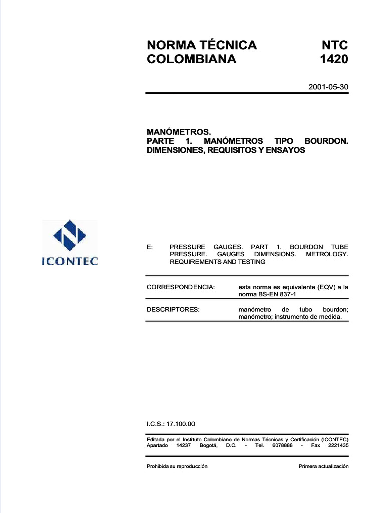NTC 1420 Manómetros Parte 1 Manómetros Tipo Bourdon Dimensiones, Requisitos y Ensayos | PDF ...