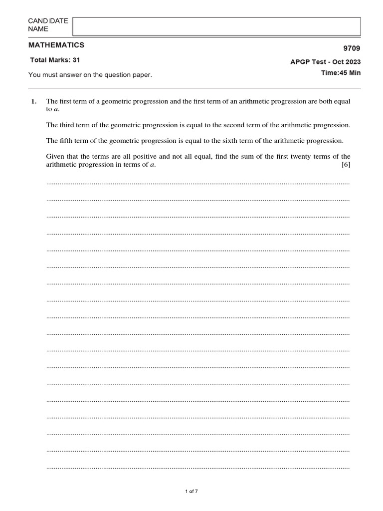 Maths-AS-APGP Test CIE 9709 | PDF | Mathematics | Mathematical Analysis
