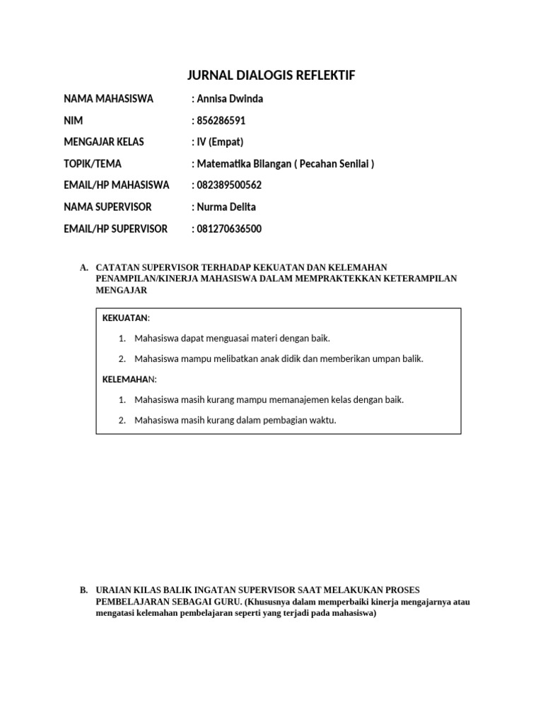 FORMAT JURNAL DIALOGIS REFLEKTIF Tugas 6 | PDF