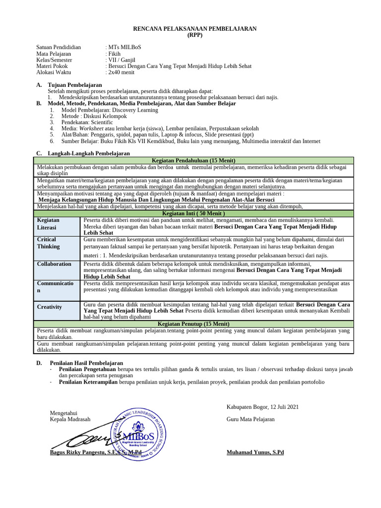 RPP Fikih Kelas 7 Bab 2 Pertemuan 1 (Ganjil) | PDF