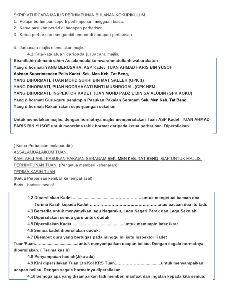 SKRIP ATURCARA MAJLIS PERHIMPUNAN BULANAN KOko KEPO | PDF