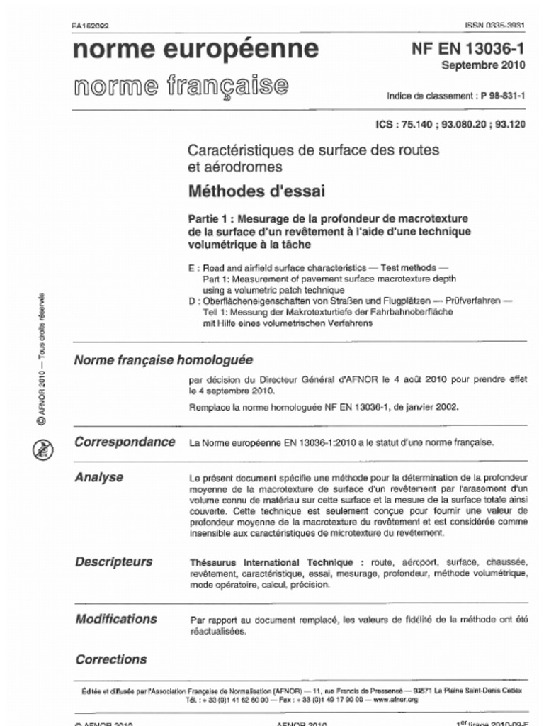 NF EN 13036-1 - Mesurage de La Profondeur de Macrotexture de La Surface D'un Revêtement À L'aide ...