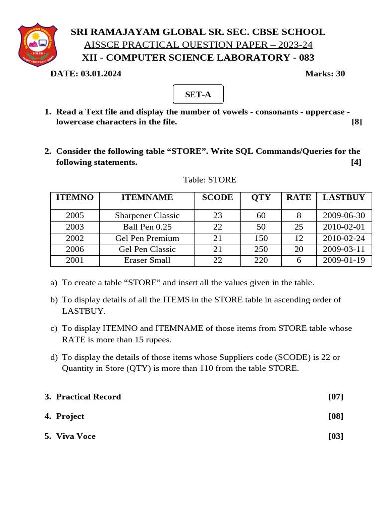 XII CS Practical Question Papers 03.01.2024 | PDF