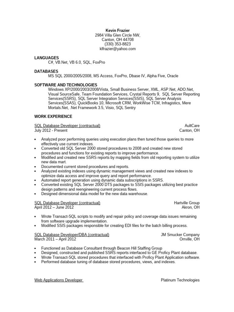 Dice Resume CV Kevin Frazier | PDF | Microsoft Sql Server | Databases