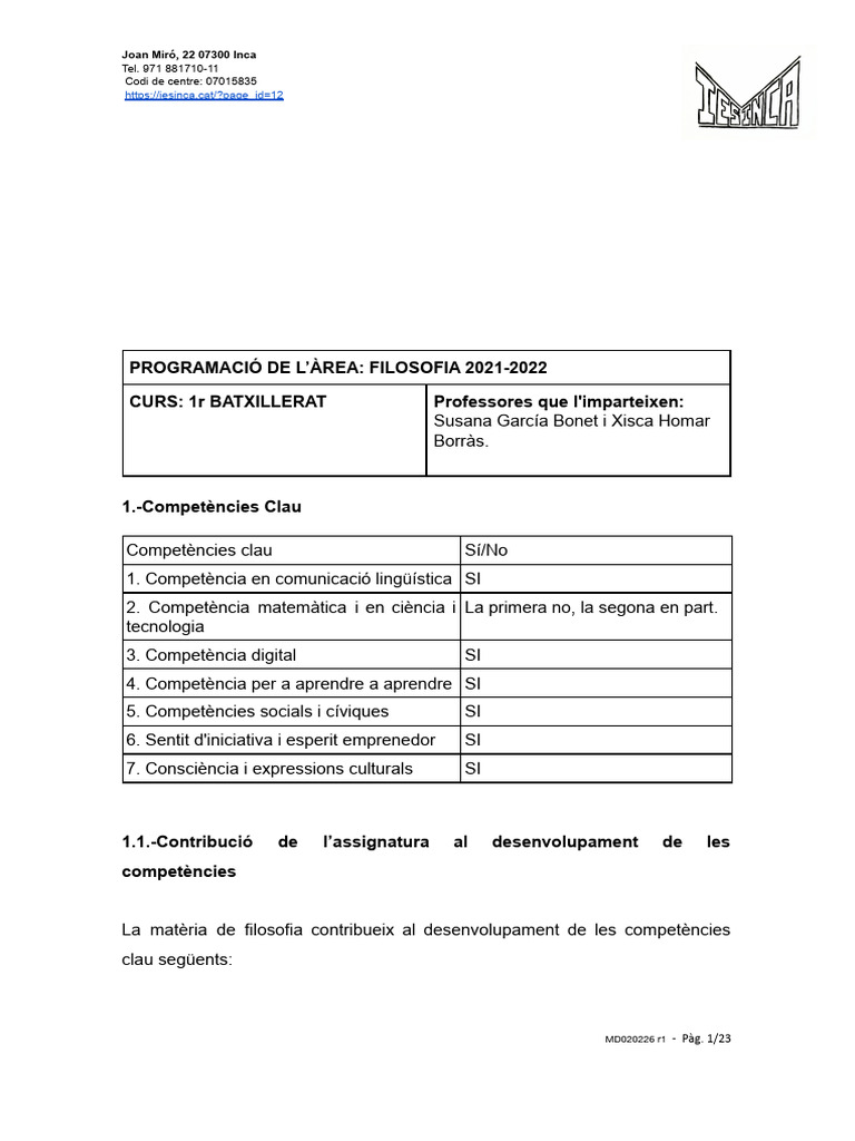 Programacio Filosofia 1r Batxillerat | PDF