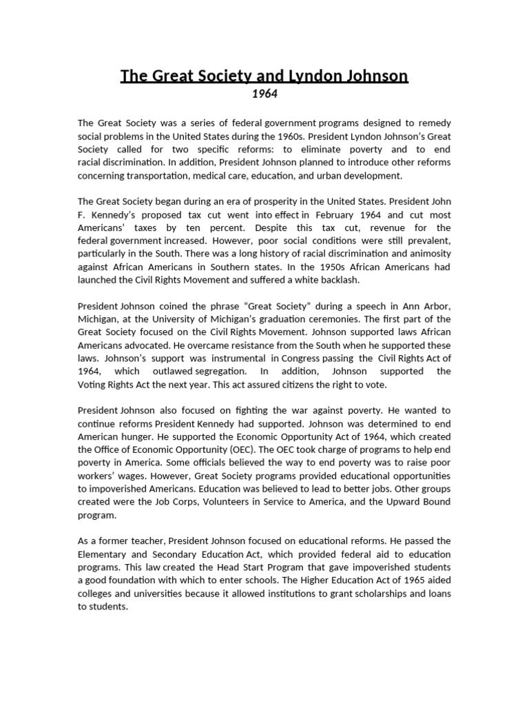 The Great Society and Lyndon Johnson Guided Reading | PDF | Great ...