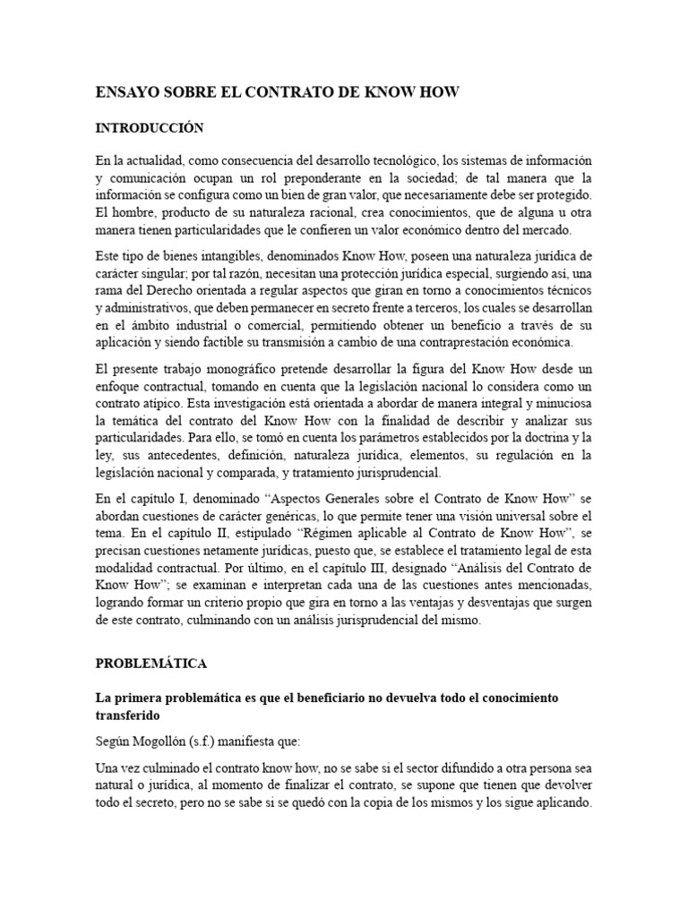 Ensayo de El Contrato de Know How | PDF | Propiedad intelectual | Business